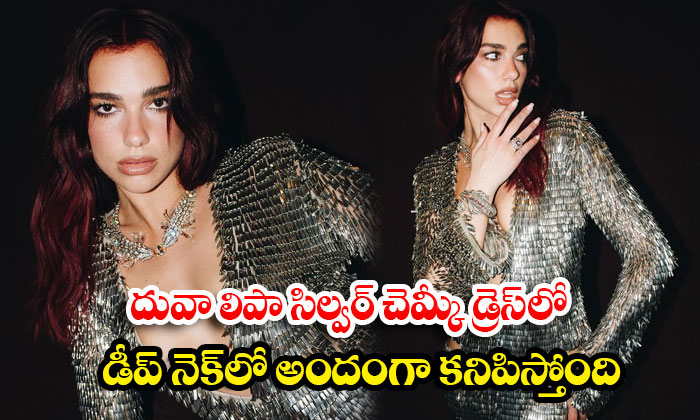 Dua Lipa looks beautiful in a deep neck in a Silver Chemki Dress